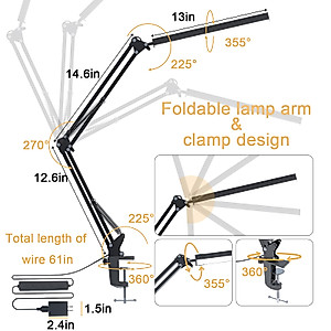 TROPICALTREE LED Desk Lamp, Swing arm Desk Light with clamp, 3 Lighting 10 Brightness Eye-Caring Modes, Reading Desk Lamps for Home Office 360 Degree Spin with USB Adapter & Memory Function black-14W