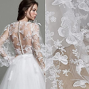 51" Width 3D Vivid Butterfly Lace Fabric Exquisite Flower Embroidery Soft Tulle Lace Fabric for Wedding Bridal Lace Dress Party Dress Home Decor (3 Yard, White Mesh+White Butterfly)