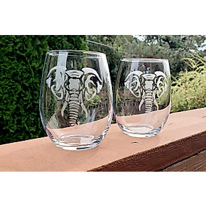 Etched elephant wine glass set, etched wine glass, elephant glass, wine gift, wine glass set of 2, etched elephant, elephant wine glass, stemless wine glass, 15 oz. wine glass