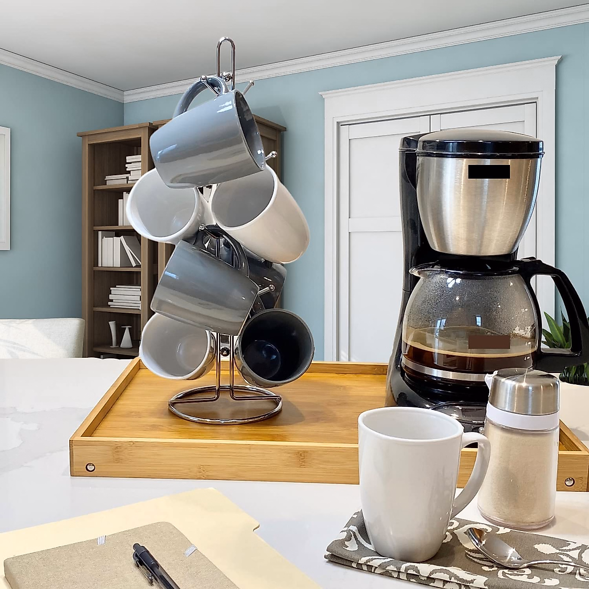 Evelots Countertop Coffee Mug/Teacup Organizer Stand/Rack/Tree-Hooks Hold 8 Large Mugs-Modern Chrome Finish-Coffee Bar Accessory