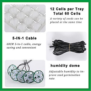 JAYWAYNE 5 Pcs Seed Starter Tray with Grow Light, Seed Starter Kit with Humidity Dome Germination Tray (60 Cells Tray), Plant Starter Kit for Starting Vegetable Seeds, Flower Seeds & Herb Seeds