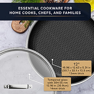 Home Hero LuxeClad Hybrid Nonstick Frying Pans - Dishwasher & Oven Safe Skillet - Induction Compatible w/All Cooktops Honeycomb Pan - Stainless Steel Non Stick Pan with Lid (Stainless Steel 12-Inch)