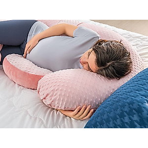 QUEEN ROSE E Shaped Pregnancy Pillows for Sleeping, Detachable Body Pillow for Pregnant Side Sleeper, Pink Bubble Velvet, 60in