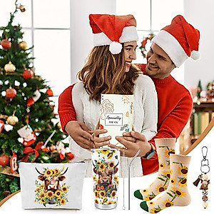 Keluna Highland Cow Gifts for Women - 4Pcs Sunflower Highlandcow Gift, 20oz Highland Cattle Tumbler with Lid Straw Cattle Makeup Bag Keychain Socks for Cow Lovers Girls Birthday Christmas Gifts