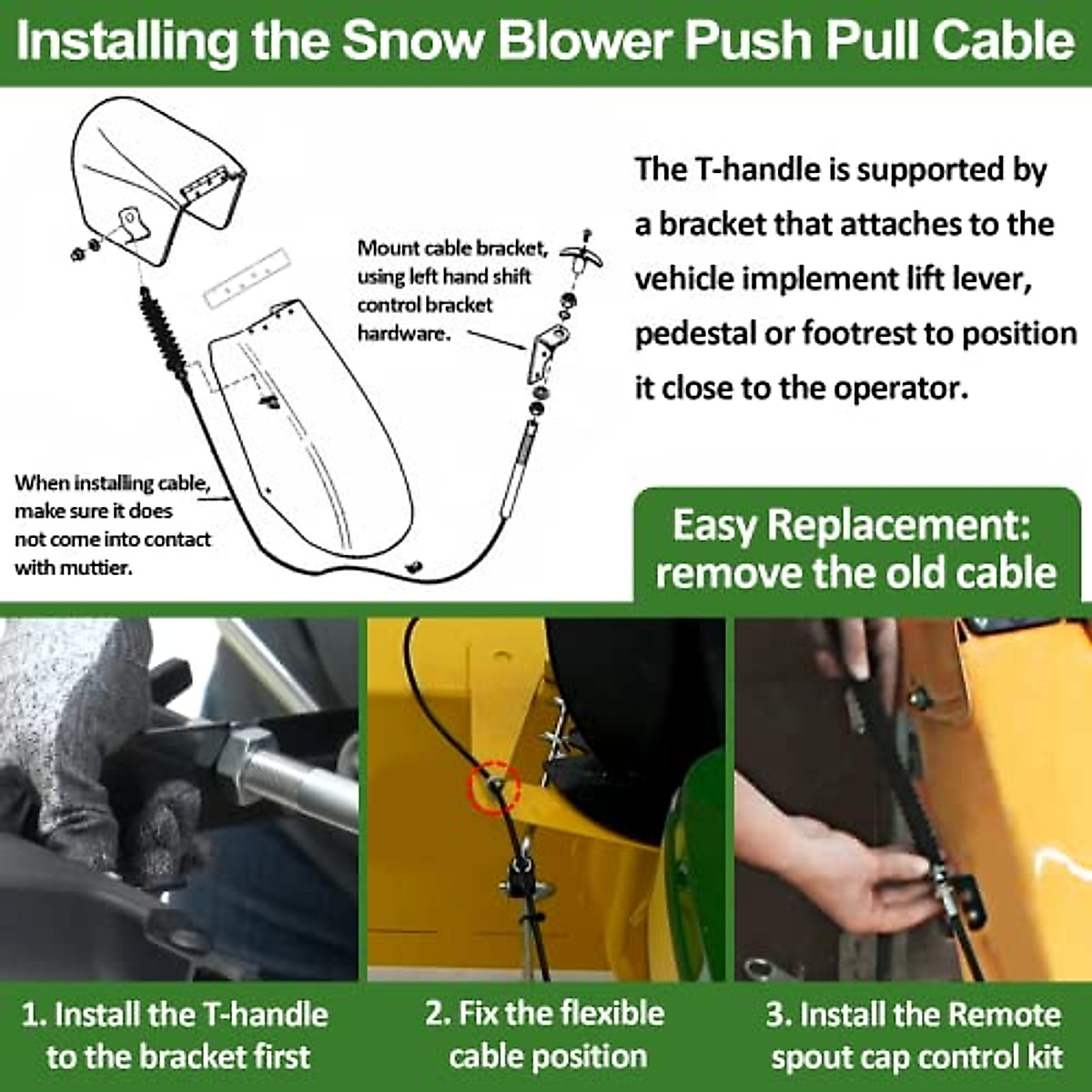 Snowblower Cable Replaces for John Deere AM132704 Snow Thrower, Tractors, Snow Blower GX, GT, LX, 100 Series 345 355 425 445 455 X565 X475 X720 Deflector Push Pull Spout Control Input Cable