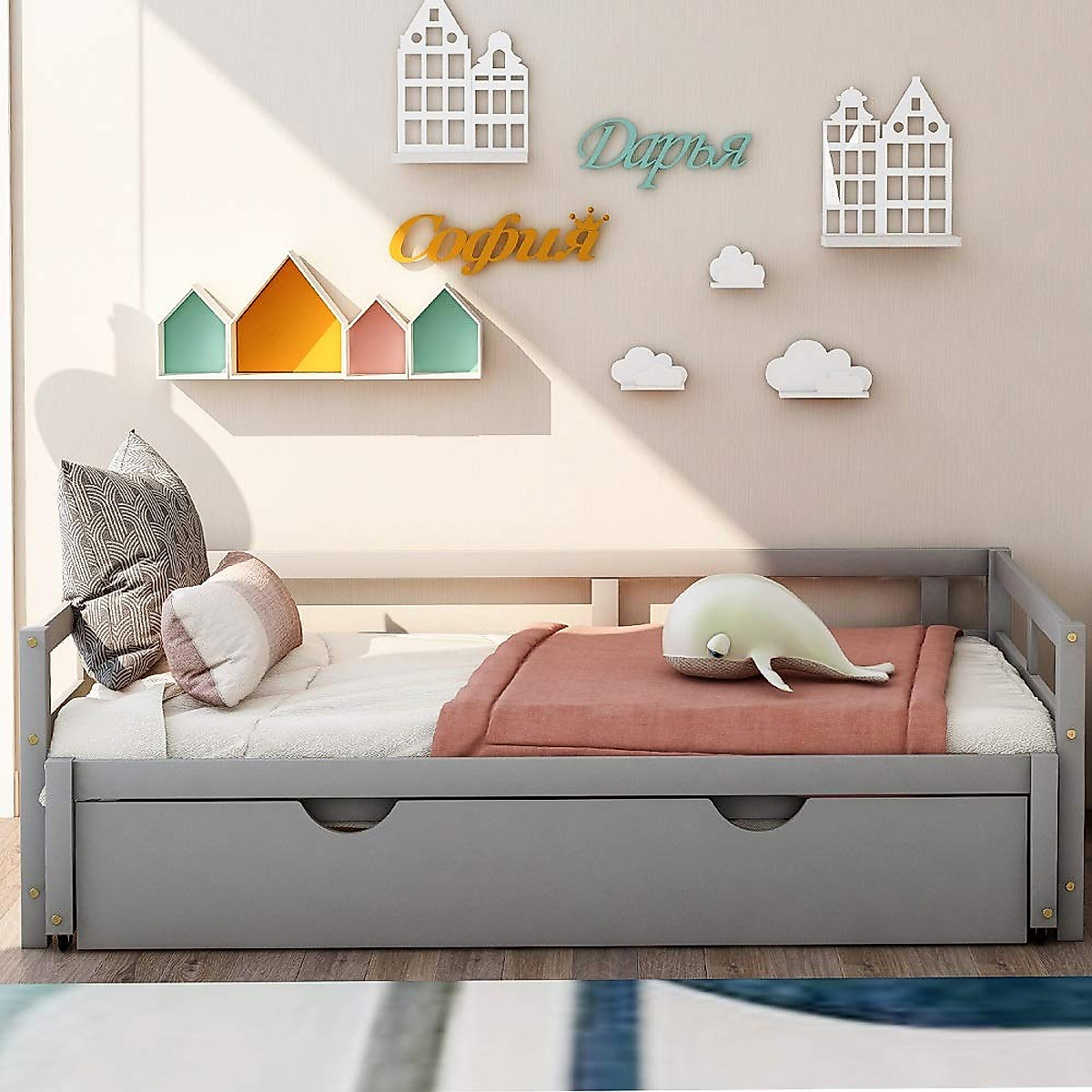 Rhomtree Twin to King Extending Day Bed with Twin Trundle Platform Bed Frame Sofa Bed for Bedroom Living Room No Box Spring Required (Grey)