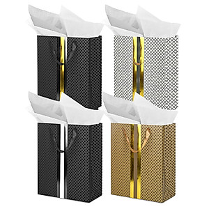 RACHELLE'S Elegant & Classy Paper Gift Bag Assortment with Tissue Paper – 4 Pack of Premium Quality & Sturdy Large Bags Great for Birthdays, Anniversaries, Christmas, Father's Day, Holidays – Black,