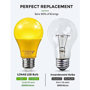 LOHAS Yellow LED Bug Light Bulbs Outdoor, Dusk to Dawn Sensor Yellow Bug Light Bulb Outside, A19 Amber Porch Light Non-Attracting, 40W Equivalent 2000K E26 Auto On/Off, for Patio Deck Backyard, 4 Pack