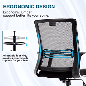 AFO Tall Drafting Chair with Adjustable Foot Ring Ergonomic Lumbar Support and Comfortable Armrest, High Resilience Sponge, Breathable Mesh Cloth, 360 Degree Swivel Rolling for Standing Desk, Black