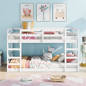 Twin Over Twin Low Bunk Bed, Solid Wood Floor Bunk Bed with Ladder, for Toddlers Kids Boys Girls (White)
