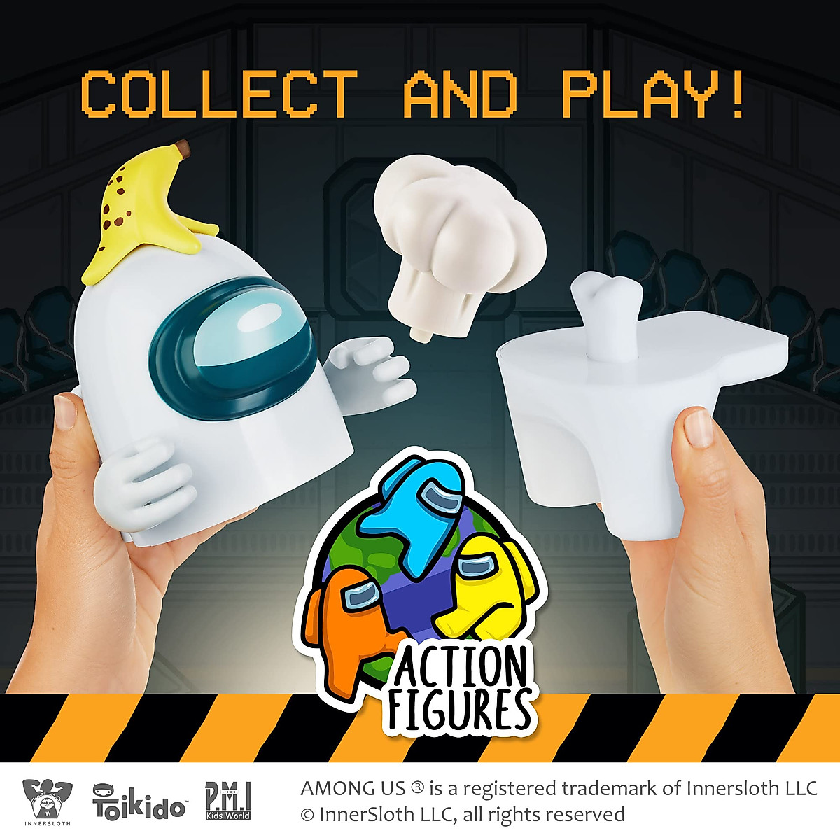 P.M.I. Among Us Action Figure |One of Four 6.7-Inch-Tall Collectibles | Among Us Toys and Playable Mini Toys | White Crewmate in The Spotted Peeled Banana Hat with Hidden Hat and Hands | Kids’ Toys