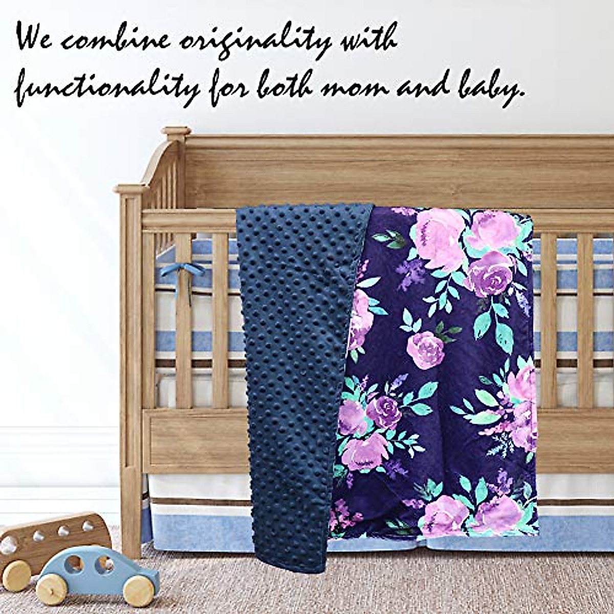 TANOFAR 5 Piece Crib Bedding Set for Girls, Baby Nursery Crib Bedding Set, Purple Flower Minky Blanket, Crib Skirt, Quilt, Crib Sheet and Diaper Stacke,Crib Bedding Set for Girls