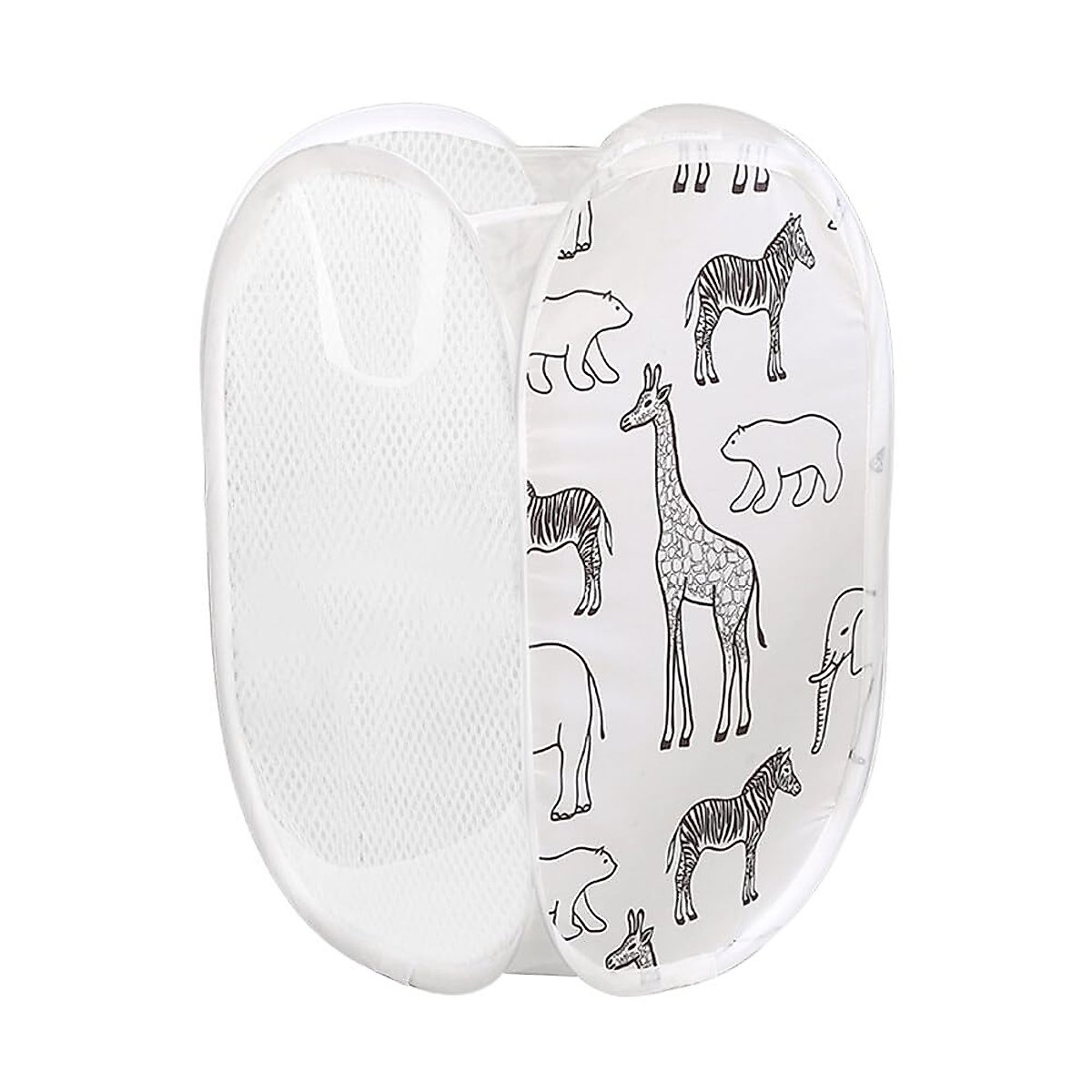 Handy Laundry Collapsible Mesh Pop Up Hamper Cartoon Animals Laundry Basket with Wide Opening and Side Pocket ¨C Breathable, Sturdy, Foldable, and Space-Saving Design (White)