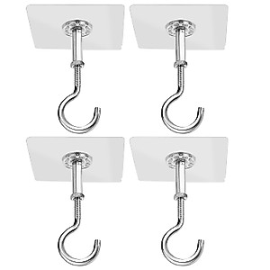 4 Pack Adhesive Ceiling Hooks Large Super Heavy Duty Hooks for Hanging Plants, Lights, Wind Chimes, Lanterns No Drill Strong Outdoor Sticky Ceiling Hanger Drill Free Metal Hook for Ceiling Decoration