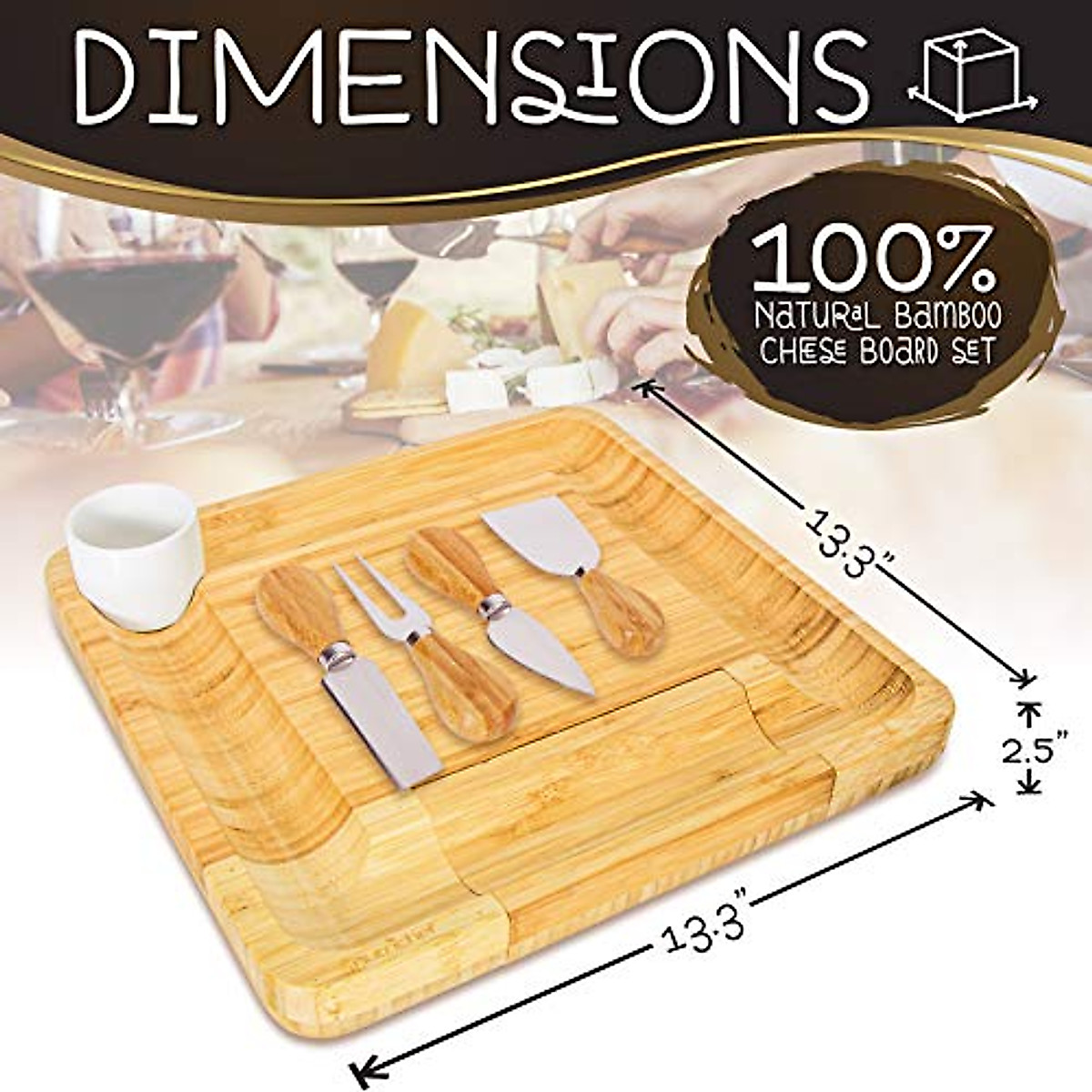 Bamboo Cheese Cutting Board Set - Flat Wood Serving Platter for Picnic Food or Wine, Rectangle Fruit and Meat Plate Kit w/Bowl, Closing Drawer Tray, 4 Stainless Steel Knives - NutriChef PKCZBD10