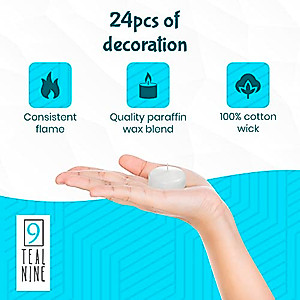 Premium 24 Piece 2 inch Unscented White Dripless Wax Burning Floating Candles Centerpieces, 4+ Hour Burn, Round Tealight Shaped Disks for Wedding, Parties, Special Occasions, Home Decoration TeaL NiNE