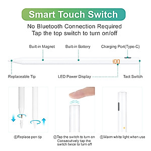 Stylus Pen for iPad with LED Power Display, Capacitive Stylus MKQ Active Pencil with Palm Rejection, Tilt Sensitivity, Magnetic Function, Compatible with iPad 2018 and Later Versions
