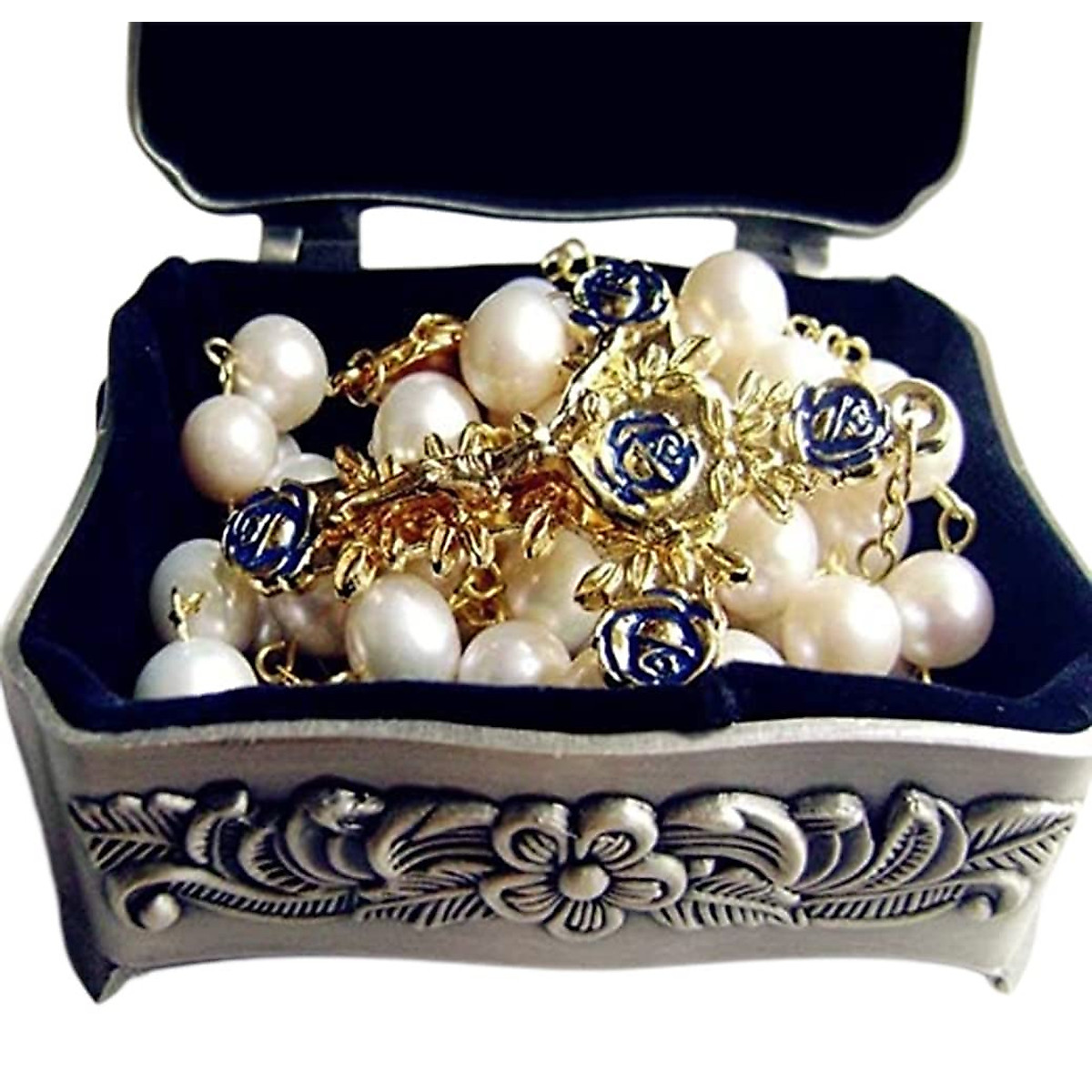 elegantmedical HANDMADE (AAA 10MM) Real Pearl BEADS CATHOLIC GOLD ROSARY CROSS GIFT NECKLACE Supper BOX