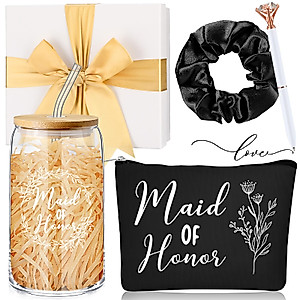 Umigy Bridesmaid Maid of Honor Glass Cup Gift Box Set of 5 Glass Cup with Lid Makeup Bag Scrunchies Hair Tie Diamond Ballpoint Proposal Gift with Raffia for Wedding (Black, White)