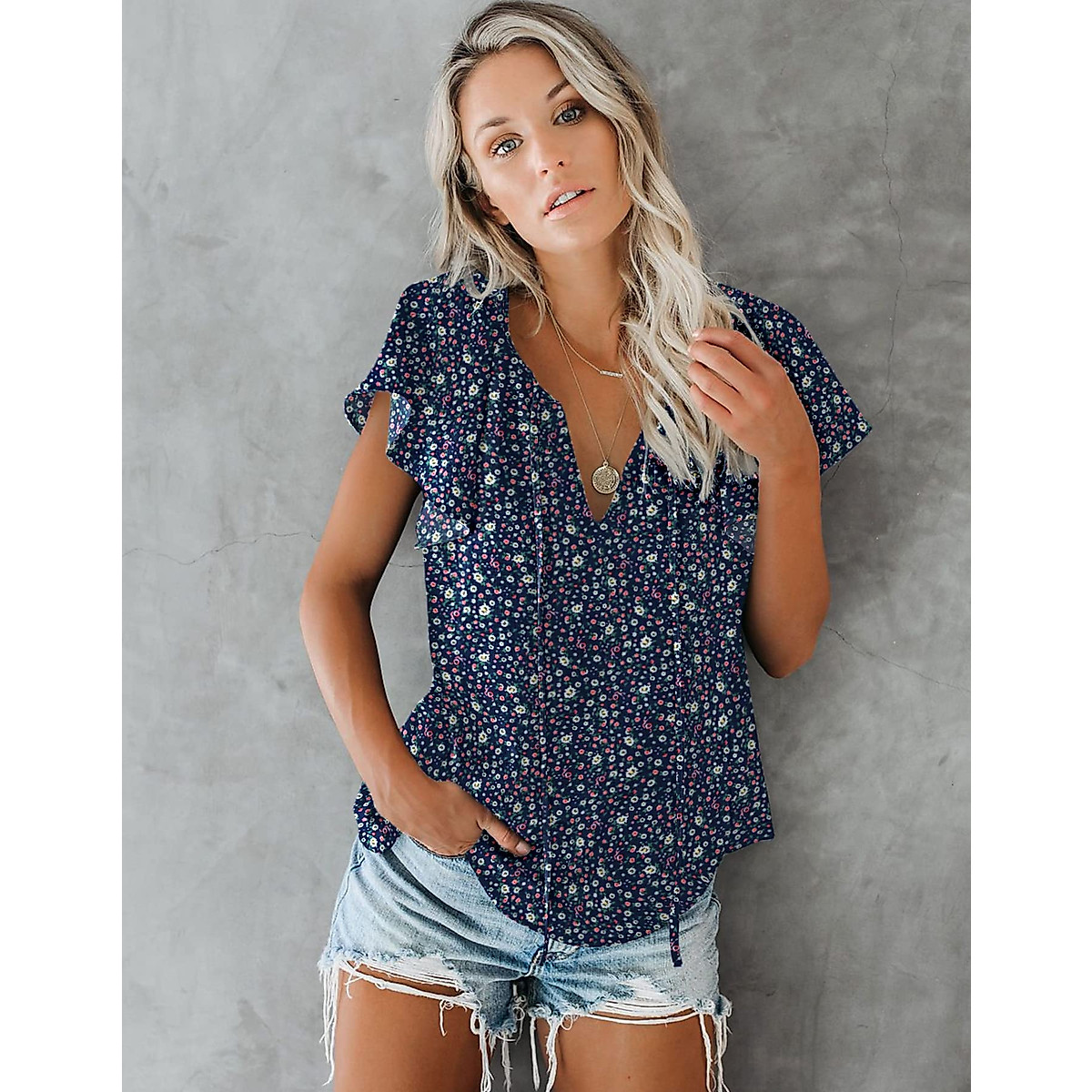 Womens Short Sleeve Tops and Blouses Floral V Neck Shirt Elegant Summer Clothes (Navy Blue,S)