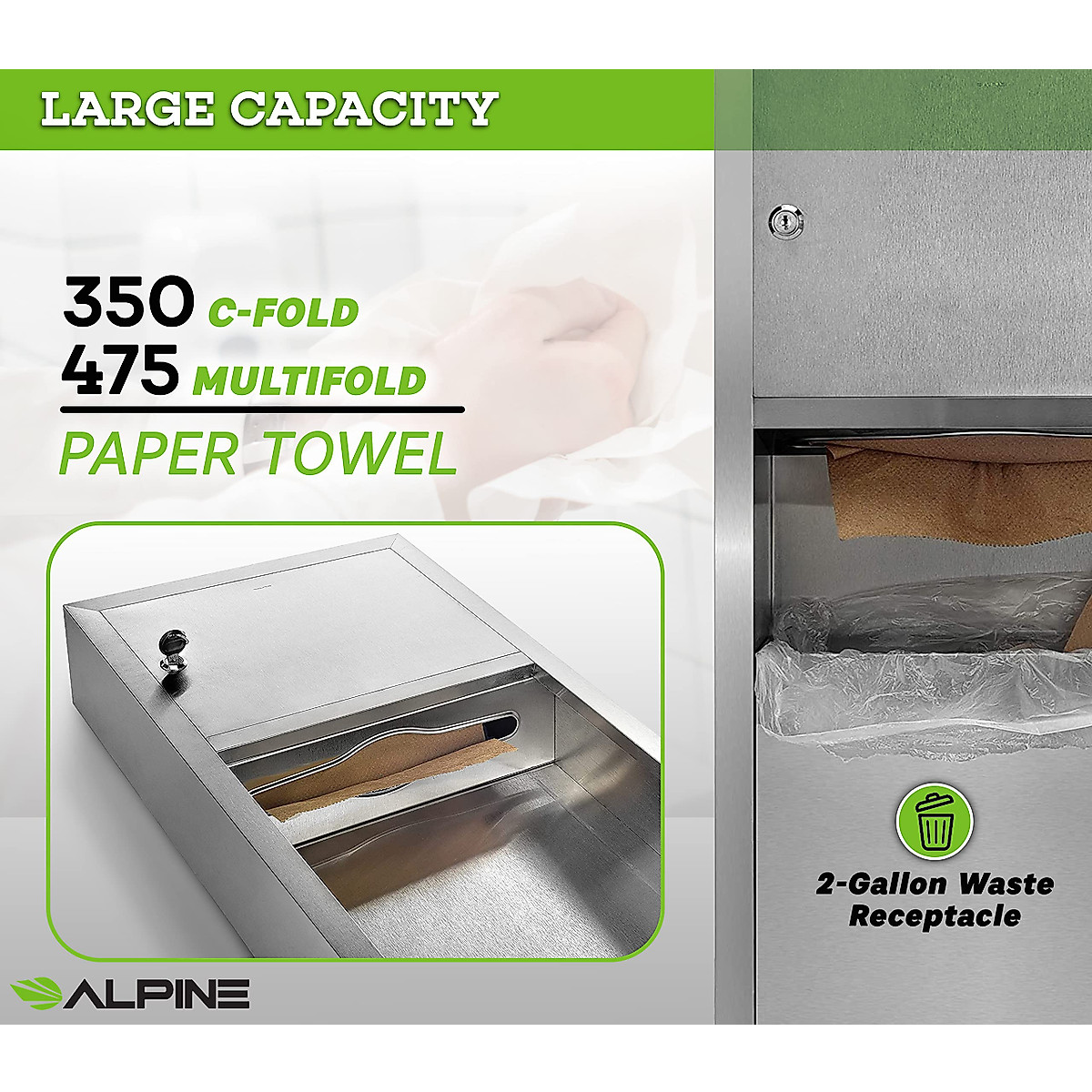 Alpine Commercial Paper Towel Dispenser and Waste Receptacle - Stainless Steel Toilet Paper Dispenser with Rounded Tray for 350 C-Fold or 475 Multifold Paper Towels (2-Gallon Capacity Trash Bin)