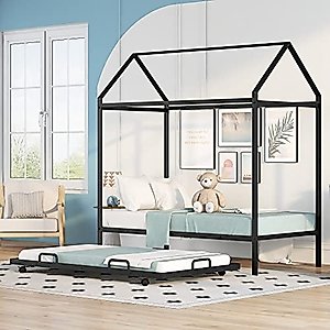 Merax Twin Kids Day Bed House Shaped Low Beds, Wood Platform Bed Frame for Girls, Boys, No Box Spring Needed, Easy Assemble (Twin,Black