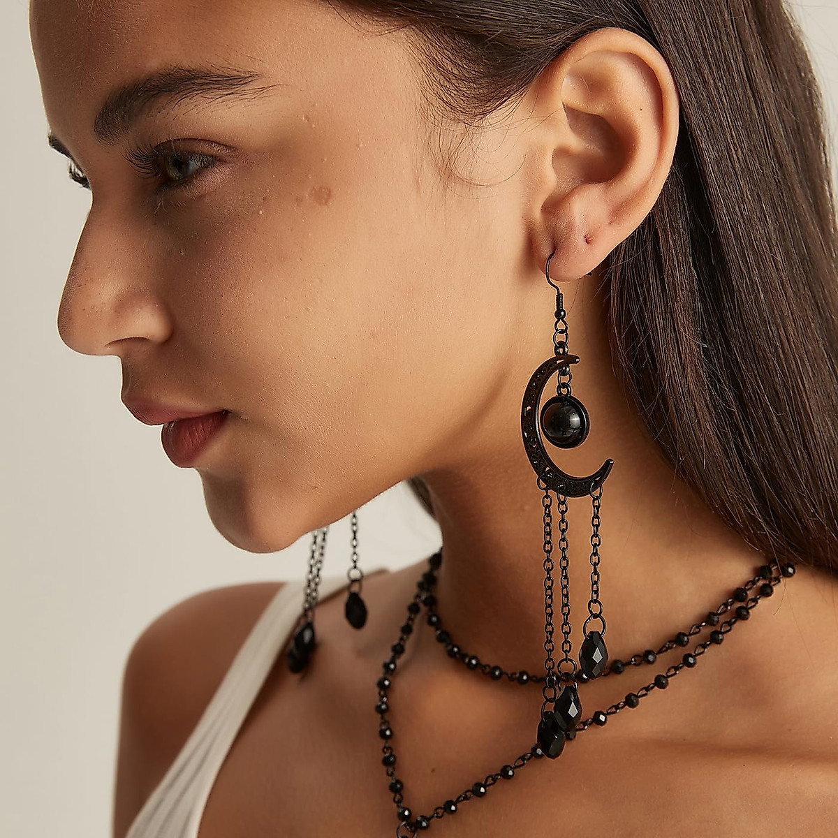 Balirek Moon Earrings Gothic Black Moon Drop Dangle Earrings Black Moon Ear Jewelry for Women (Gothic Tassel Moon)