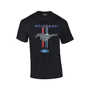 Ford Mustang T-Shirt Pony & Stripes Logo Classic Retro Design Racing Performance Car Enthusiast Garage Tee Authentic-Bl-L