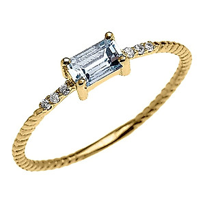 14K Yellow Gold Diamond Accented Emerald Cut Aquamarine Solitaire with Fluted Rope Band Engagement Ring - Size 5-1/2
