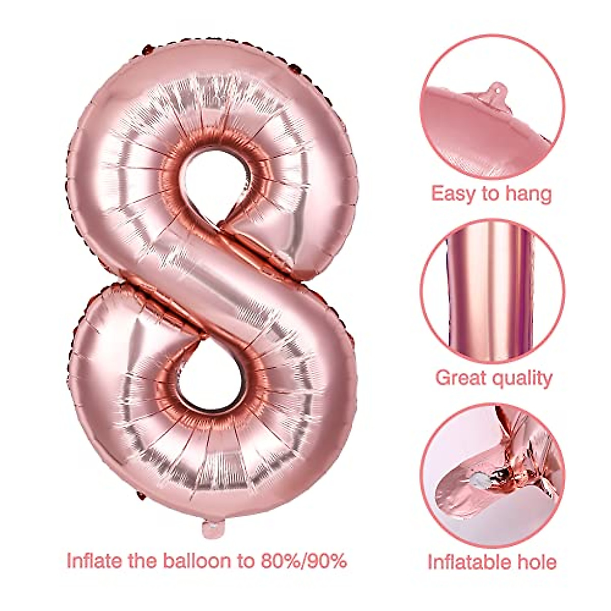 Number 8 and Number 0 Balloons, 40 Inch Rose Gold Number Balloons, Large Digital 80 Balloon, Foil Mylar Balloons Decorations for Birthday Party, Wedding, Anniversary, Graduations