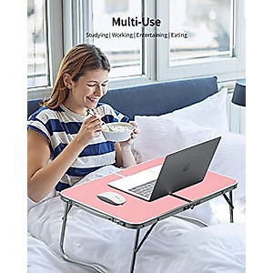 FISYOD Folding Laptop Table, Bed Table Lap Desk, Breakfast Tray Table, Portable Mini Picnic Study Reading Drawing Table, Folding in Half with Inner Storage Space (Pink)