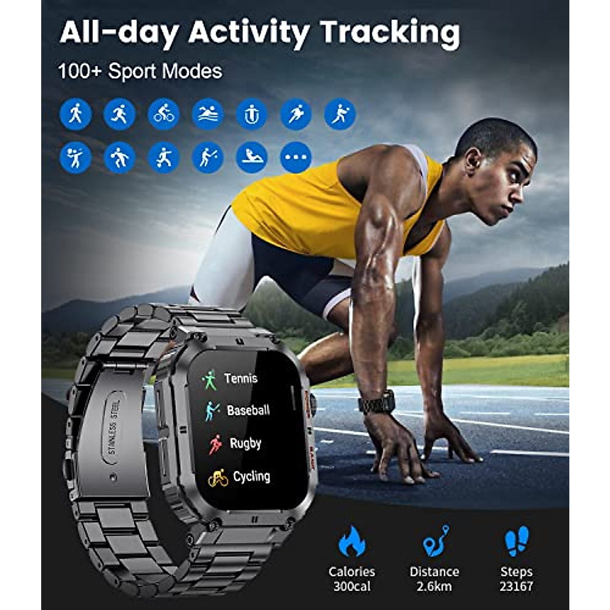 Military Smart Watches for Men(Answer/Dial Calls), 1.96'' HD Fitness Watch with Heart Rate/Blood Oxygen Monitor, AI Voice/400mAh Battery, IP67 Waterproof Rugged Outdoor Smartwatch for Android iOS