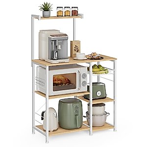 VASAGLE Baker's Rack, Microwave Stand, Kitchen Storage Rack with Wire Basket, 6 Hooks, and Shelves, for Spices, Pots, and Pans, Golden Oak and Cloud White UKKS035W09