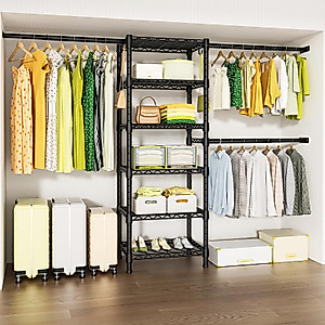 Ulif M5 Wall Mounted Clothes Garment Rack, Heavy Duty Closet Storage and Organizer System with 6 Shelves and 3 Expandable Hanger Rods, Space Saver Suit (46.2-102.4)"W x 14"D x 83.1"H, Black