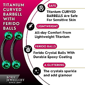 bodyjewellery 2pcs 16g Curved Barbell Eyebrow Ring Bar Stud Tragus Cartilage Lip Helix Conch Earrings Black Titanium G23 Labret B2ICK (Emerald)