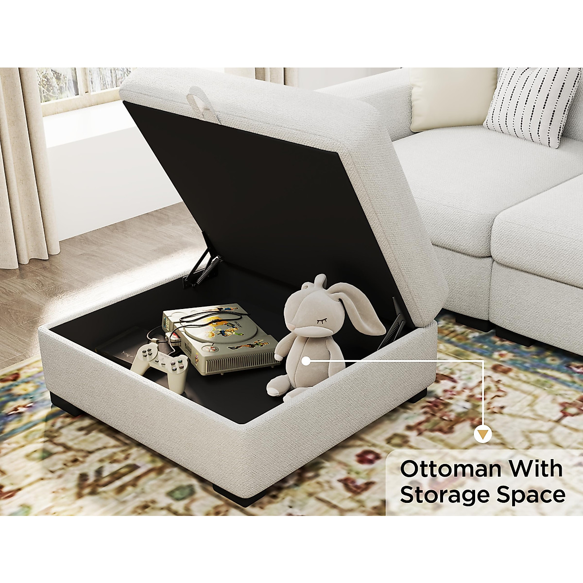 Woyomeub Sectional Sofa Couches for Living Room: L Shaped Couch with Storage Ottoman - Beige Modular Oversized 4 Seater Sofas with Pillows U Shape Furniture Set