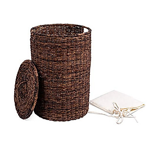 BirdRock Home Abaca Laundry Hamper with Liner - Round Clothes Bin with Lid - Organize Laundry - Cut-Out Handles for Easy Transport - Includes Machine Washable Canvas Liner (Espresso)