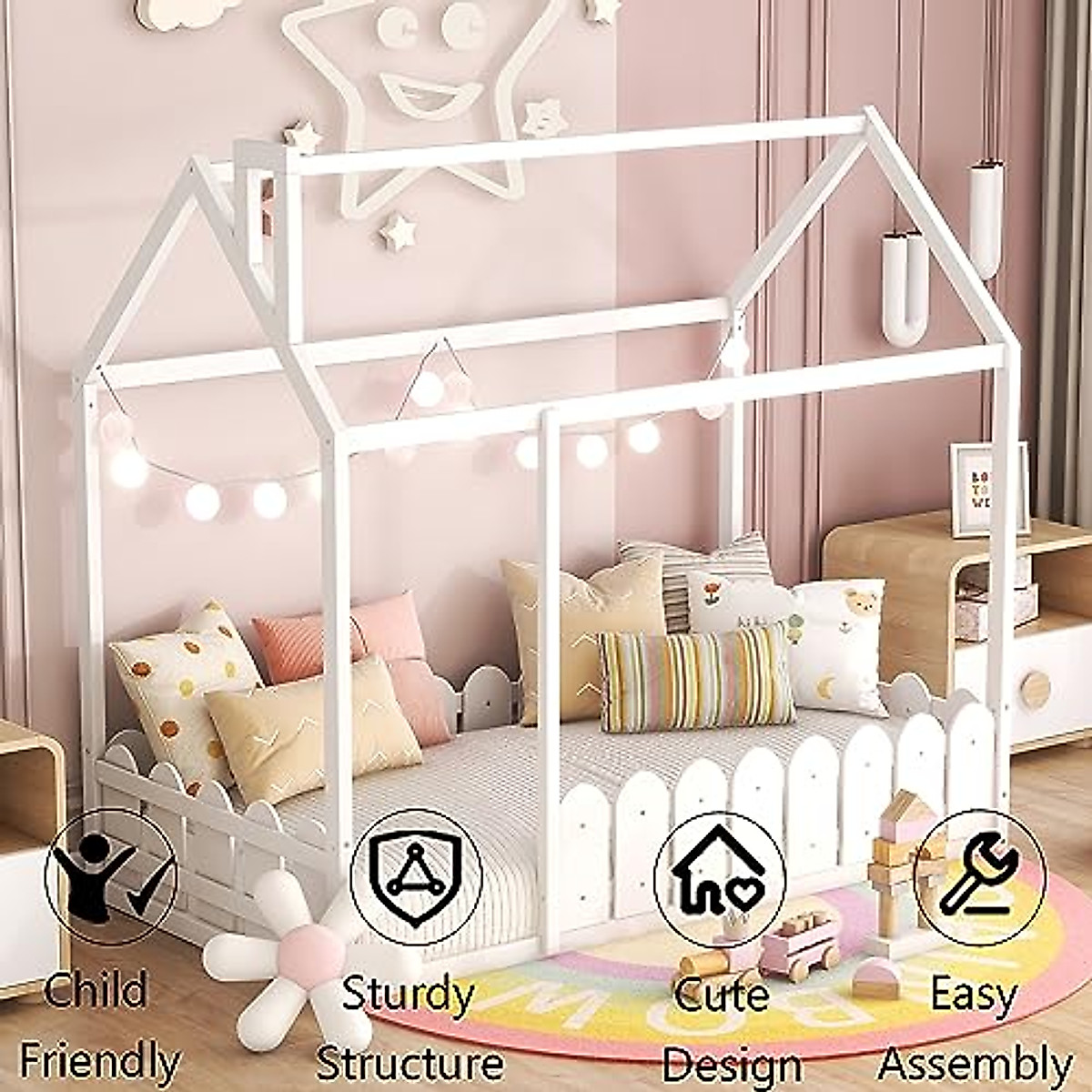 Harper & Bright Designs Twin Floor Bed for Kids, Wood Montessori Floor Bed Twin with Fence-Shaped Rails, Twin Size House Bed for Girls, Boys(Twin,White)