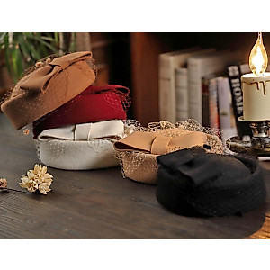 Pillbox Hat Fascinator Beret Wedding Party Top Hat Church Wool Hat for Women (Ivory)