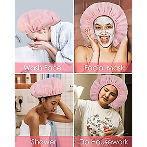 Auban Shower Cap, Shower Cap for Women Terry Cloth Lined EVA Exterior Reusable Double Layer Waterproof, Large Bath Hair Cap, Hotel Travel Essentials Accessories Cleaning Supplies(Pink)