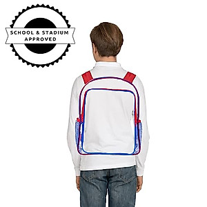 Red and Blue Clear Backpack for School, 16 inch Stadium Approved Transparent Bag