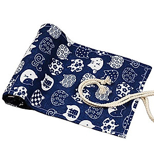 Enyuwlcm Canvas Stationery Handmade Roll Up Pencil Case for Artist Pencil Wrap Coloring Pencil Holder 24/36/48/72 Slots Cat Pattern Blue(72slots)