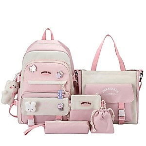 5Pcs Kawaii Backpack with Aesthetic Pin Accessories Cute Laptop Ita Bag for Back to School Stationary Supplies (Pink)