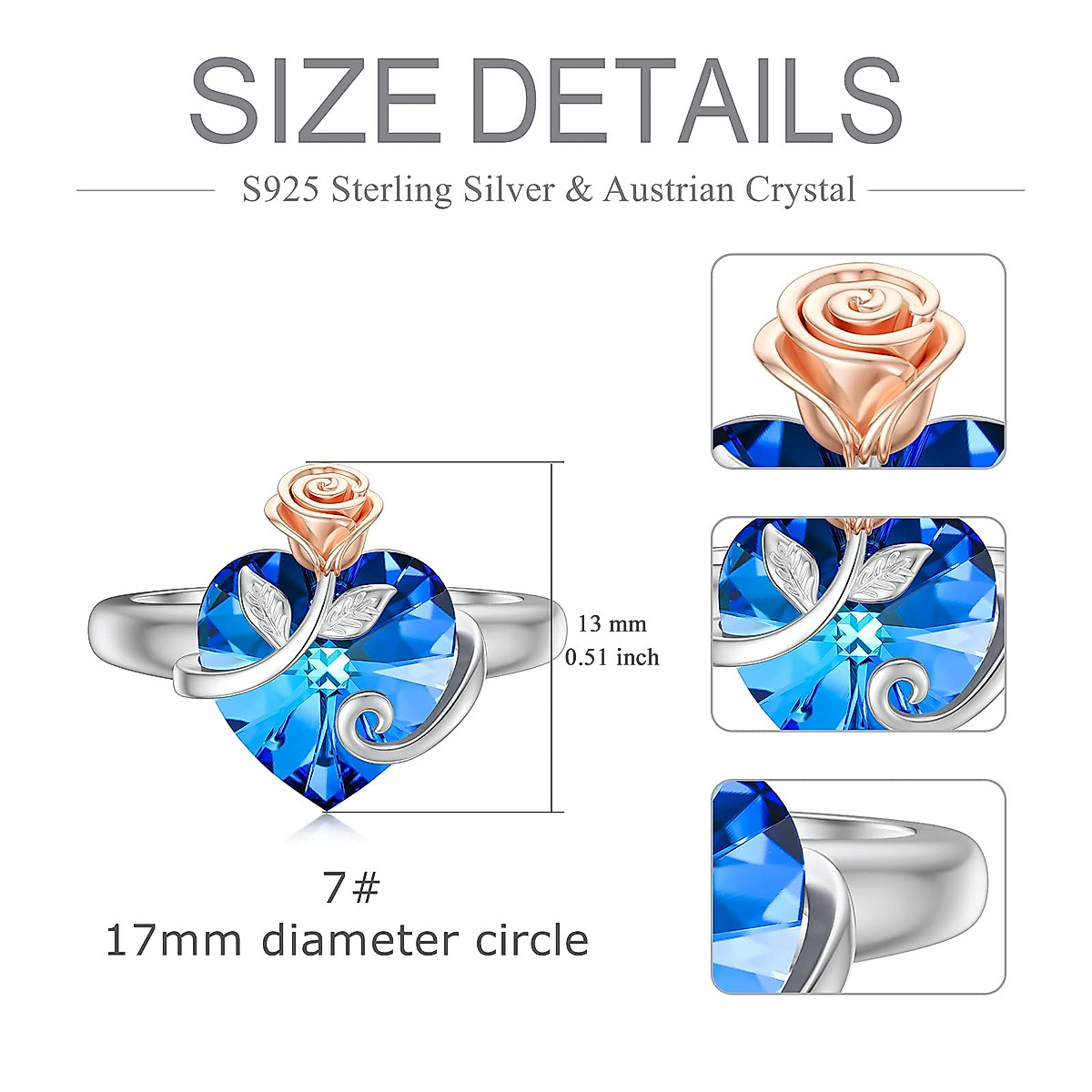 AOBOCO Sterling Silver Sapphire Blue Rose Rings Jewelry for Her Romantic Love Ring Wedding Gifts for Wife