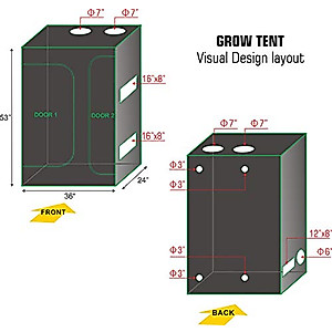 BloomGrow 36''x24''x53'' 2-in-1 Grow Tent Room w/Waterproof Floor Tray + Grow Light Hanger + Digital Hygrometer + Bonsai Shears + 24 Hour Timer + Trellis Netting Indoor Grow Tent Kit