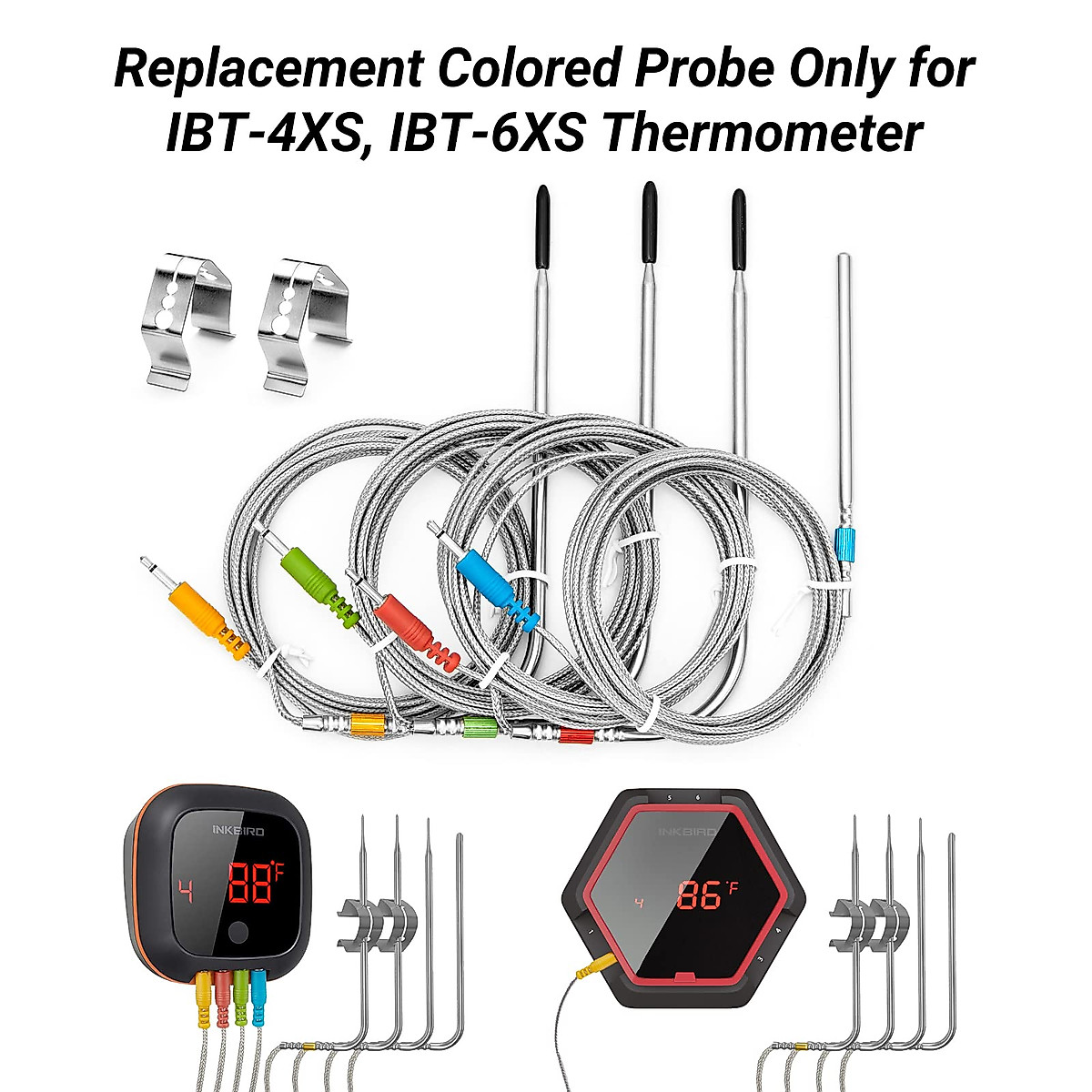 Inkbird Replacement Colored Probe 4-Pack Kit Only Compatible with IBT-4XS/IBT-6XS Meat Thermometer, Ultra Accurate & Fast Up to 572°F/300°C （Only for IBT-4XS/IBT-6XS Thermometer）