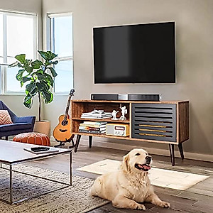 Retro TV Stand for TV up to 55 Inch, TV Console Table & Entertainment Center Mid Century Modern TV Stand with Adjustable Shelf for Living Room, Pop Up Door TV Cabinet Holds up to 110 lbs, FMRTS02B1