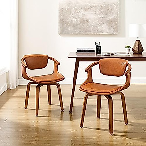 Art Leon Swivel Dining Chairs, Set of 2, Mid Century Modern Faux Leather Kitchen Dining Room Chair with Arms, Desk Chairs No Wheels, Brown