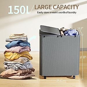 Yecaye 150L Laundry Hamper with Wheels, Rolling Laundry Basket with Lid and 2 Removable Laundry Bag, Large Capacity Clothes Hampers for Laundry, Bedroom, Bathroom, Dorm, Laundry Room, Grey