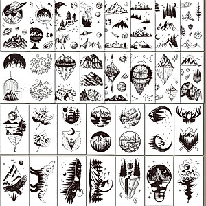 Ooopsiun 30 Sheets Small Black Mountain Planet Temporary Tattoos for Men Women - Unique Realistic Waterproof Forest Triangle Designs Body Art Tattoos for Adults
